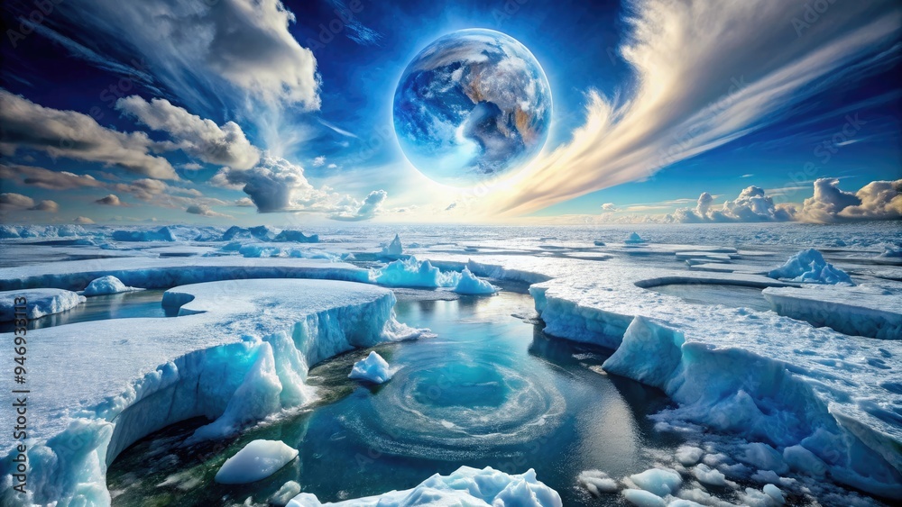 Polar ice caps rapidly disintegrating, revealing dark ocean beneath, as ...