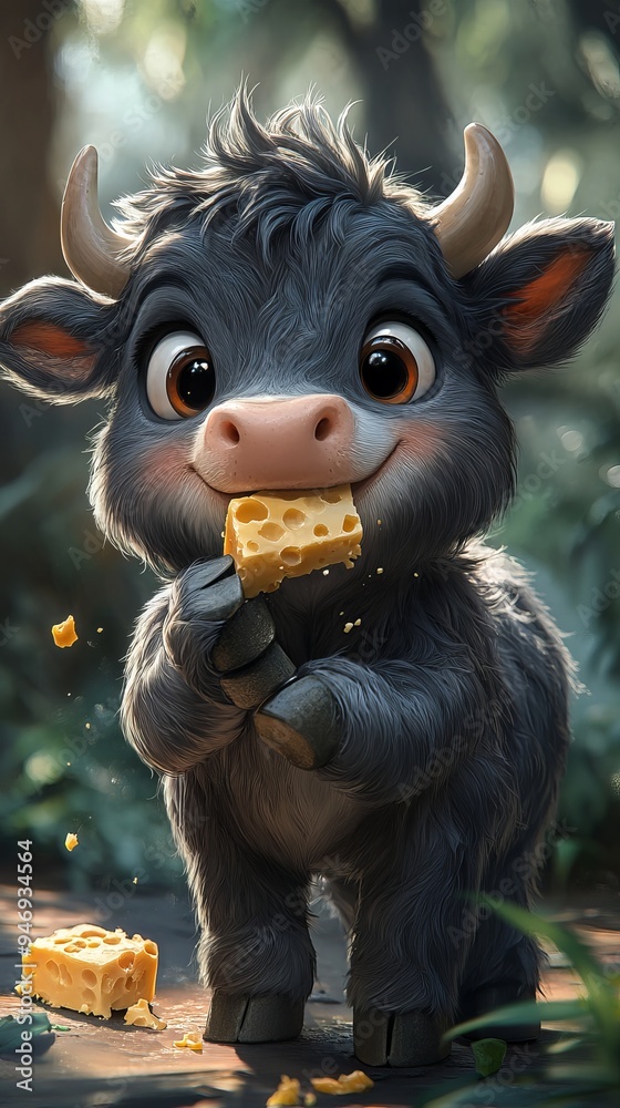 Cute, fluffy, animated baby animal with large eyes and small horns is ...