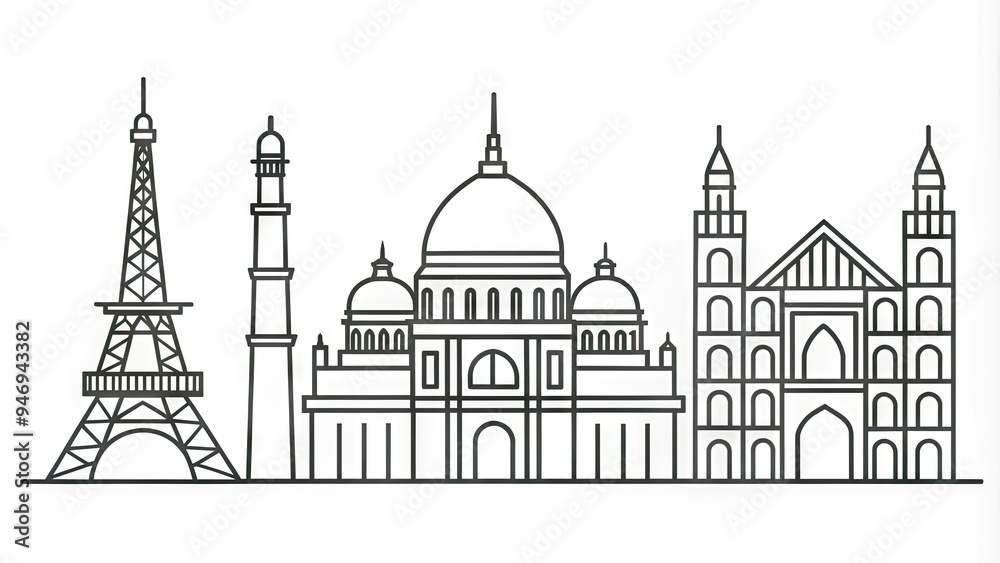 Simple, iconic line drawings of renowned architectural landmarks ...