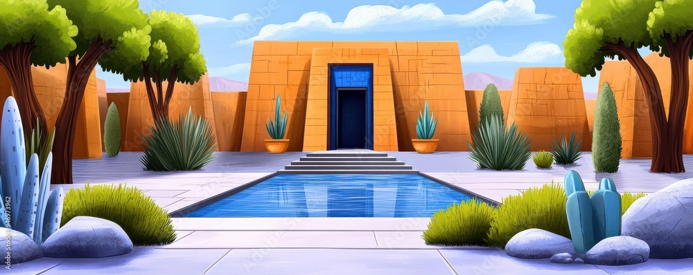 Discovery-inspired museum exhibit in a flat design top view, ancient ...