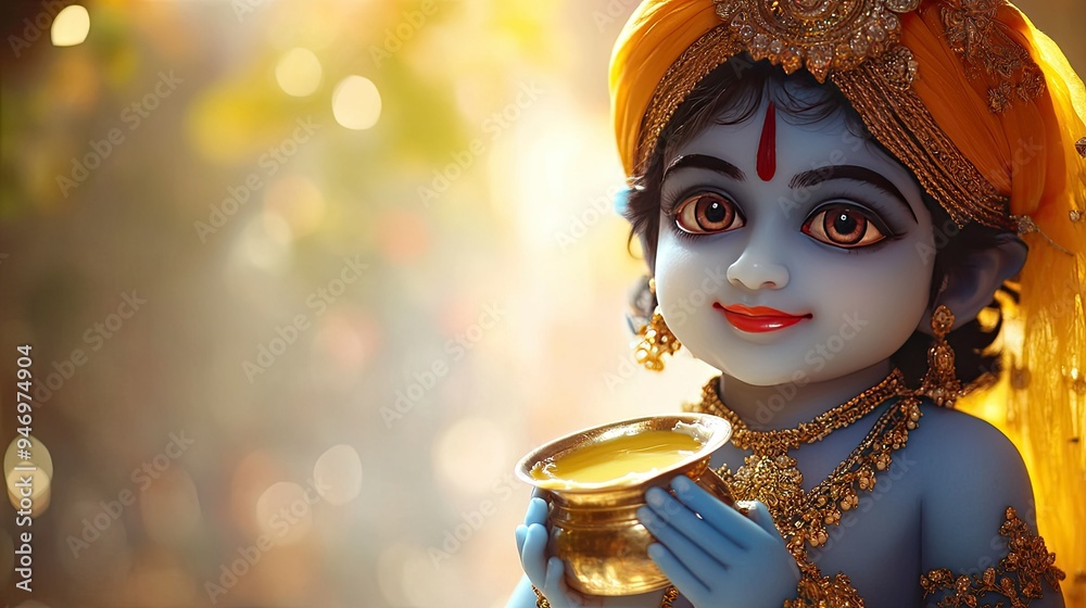 A cute and joyful image of Bal Krishna, holding a butter pot ...