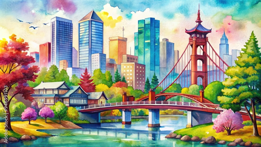 Vibrant watercolor illustration of Portland's iconic landmarks ...