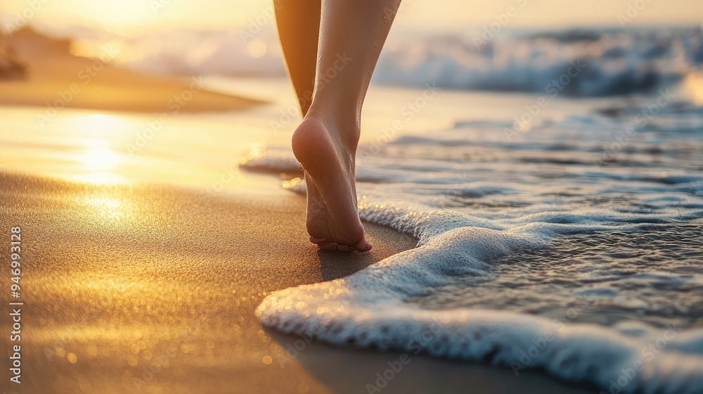 Barefoot steps of a young woman on a sandy beach, close-up front view ...