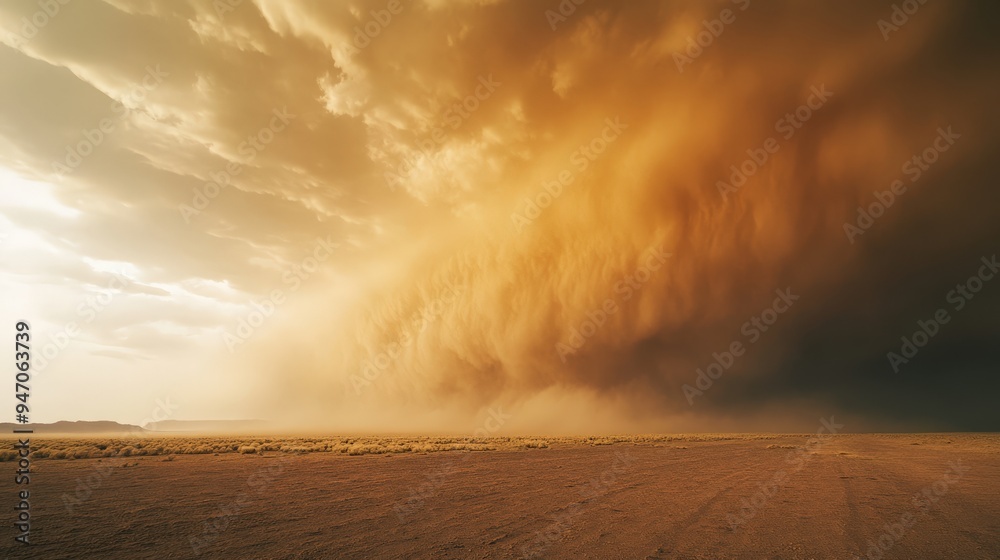 Massive dust storm approaching the barren desert landscape under a ...