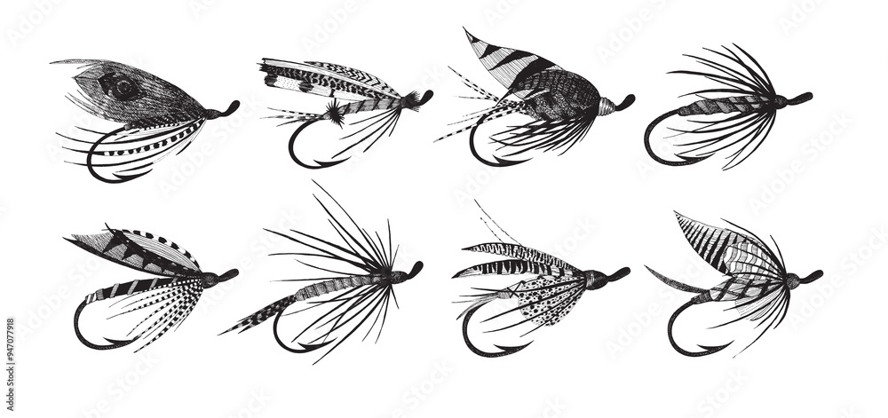 Old-fashioned angling set. Hand drawn by pen and ink fly-fishing nymphs ...
