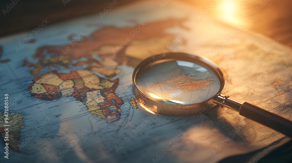 Wooden table with world map and magnifying glass focusing on a specific ...