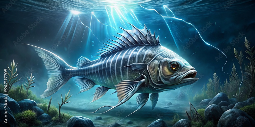 Ethereal twilight waters undulate with iridescent glow, a saber-toothed ...