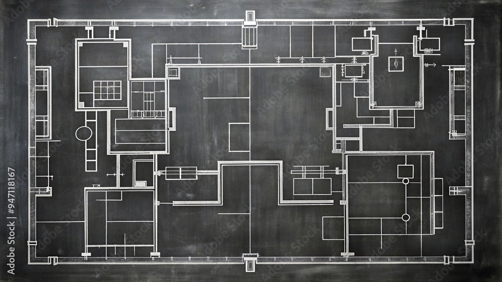 Architectural floor plan layout displayed on a blackboard ...