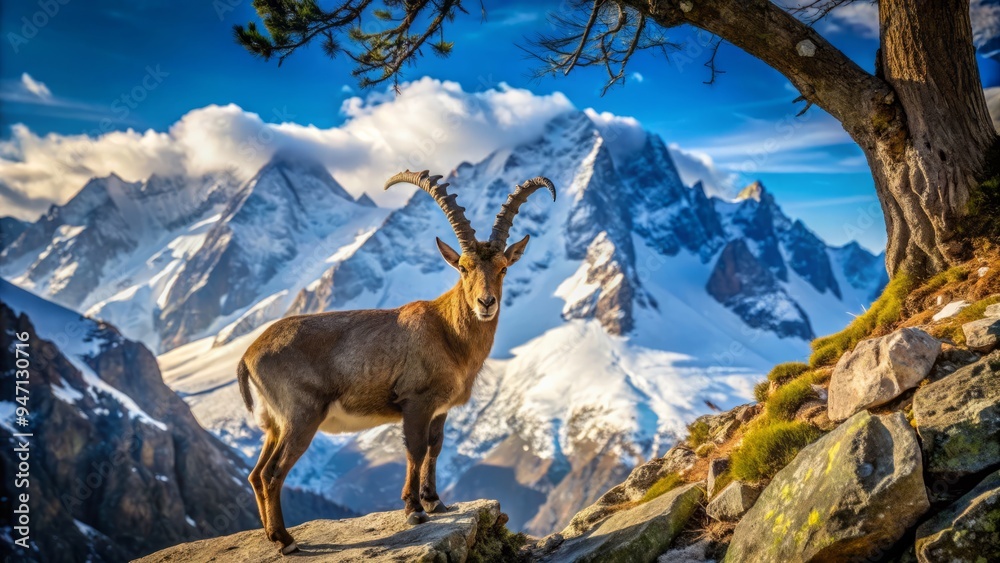 Majestic Walia Ibex dominates rugged landscape, snow-capped peaks ...