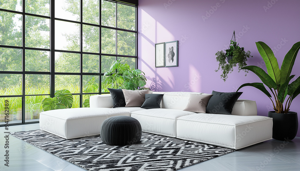 Interior of modern living room with white fabric sofa over violet patel ...
