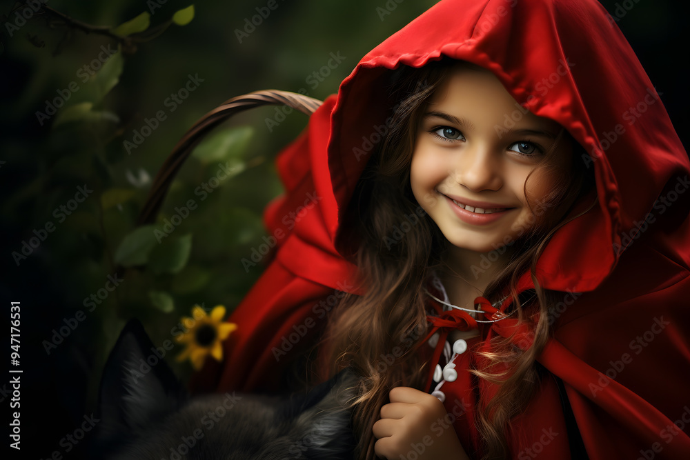 Stock-Foto „Little Red Riding Hood Costume Girl in Red Hood Fairy Tale ...