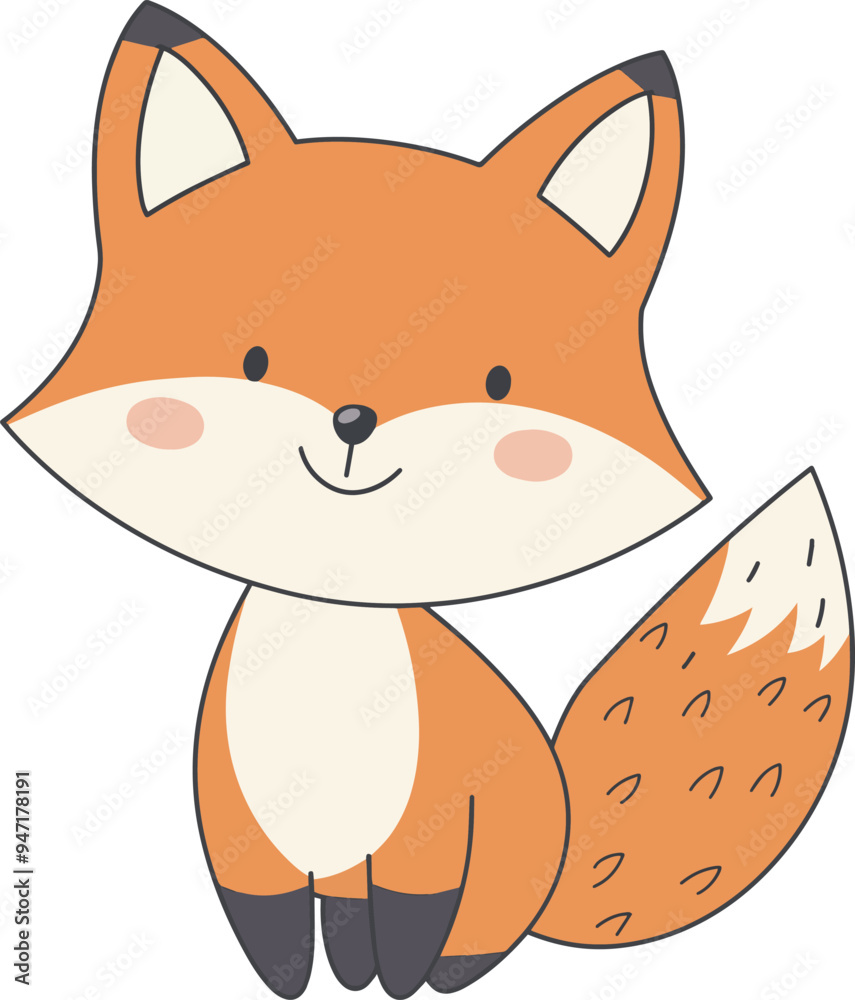 Round fox with a bushy tail, simple ears, and a happy face, white ...
