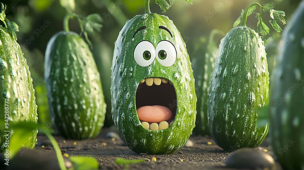 Funny animated cucumber character expressing surprise amidst a lush ...