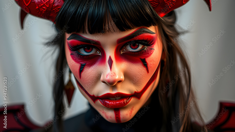 Woman's face with evil red devil Halloween makeup costume. generative ...