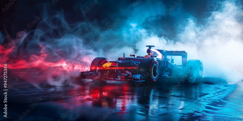 f1 racing car with red and blue smoke effect on dark background ...