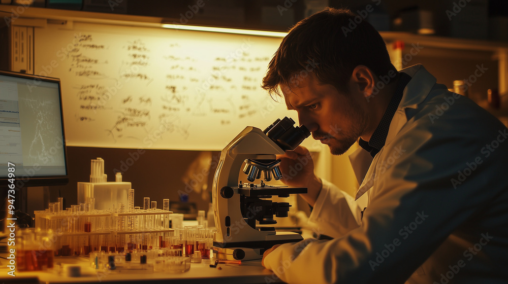 Male Forensic Specialist Doctor is observing DNA sample under ...