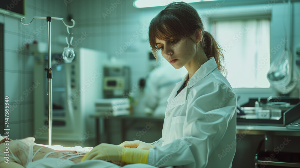 Female Forensic Specialist Doctor is examining a dead body on the ...