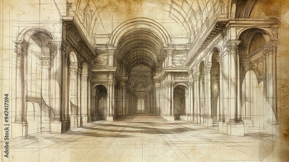 Intricate architectural sketch depicting a grand hall with arched ...