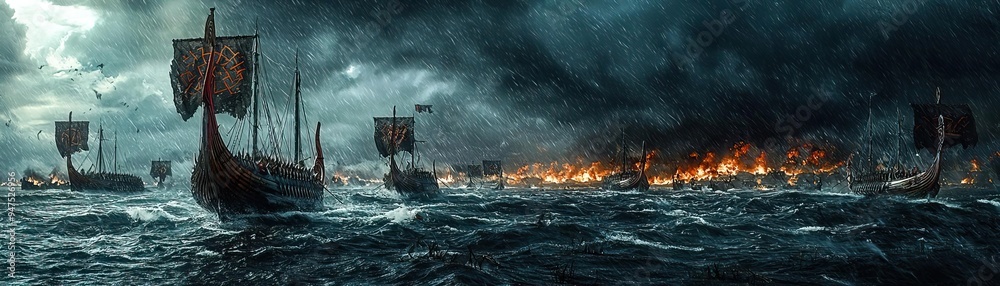 Epic maritime battle with Viking longships braving a monstrous storm ...