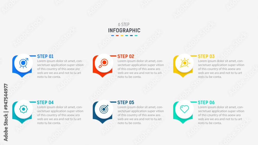 Business infographics design for Six Step, option, parts or process. Infographic 6 element ...