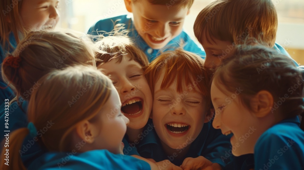 Happy kids laughing together in a joyful moment. Children wearing blue ...
