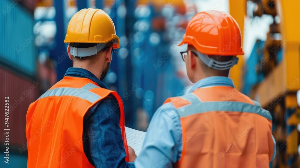 Two workers a longshoreman and an engineer working together at the port ...