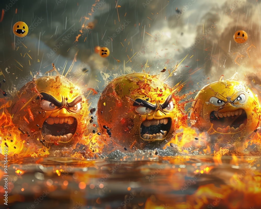 Energetic clash of elements with angry emojis, creating a turbulent and ...