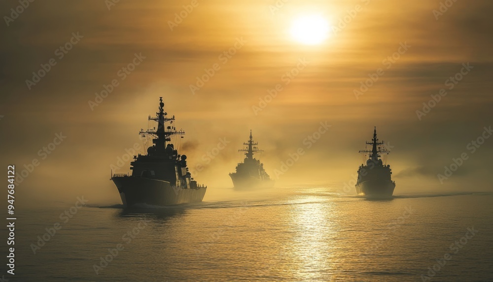 Three military vessels sailing in the ocean, capturing naval power and ...
