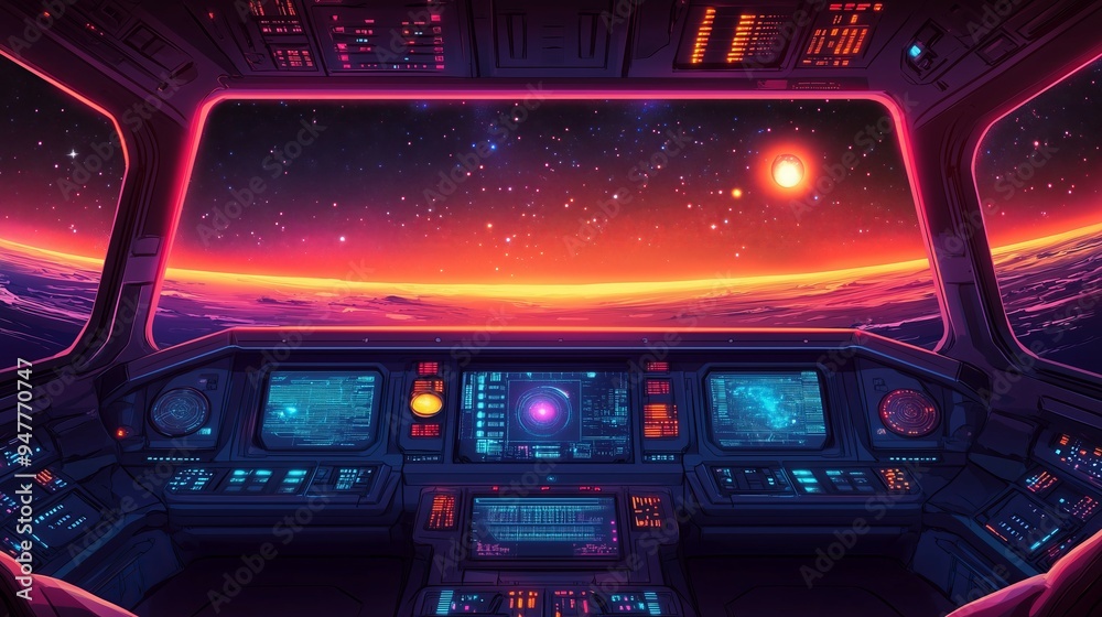 Pixel art retro game style spaceship cockpit cartoon with detailed ...
