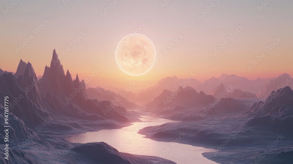 Fantastic landscape of an exoplanet illustrated in 3D cartoon style ...