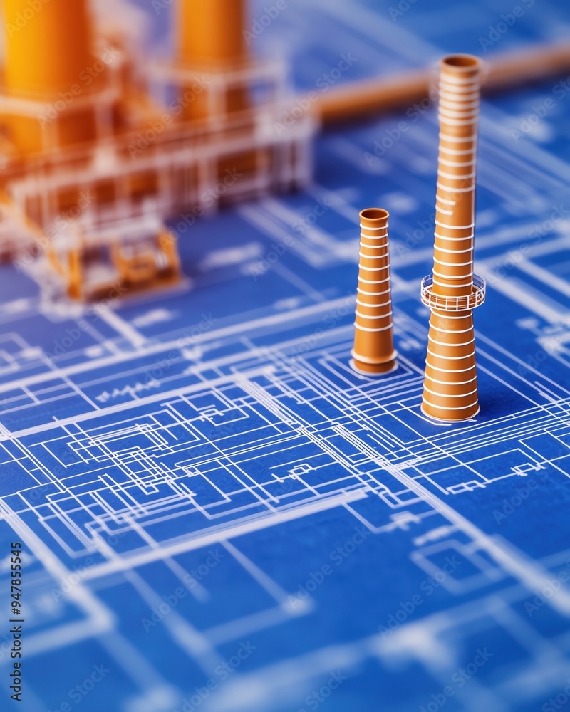 Schematic blueprint of an industrial plant with detailed structural ...