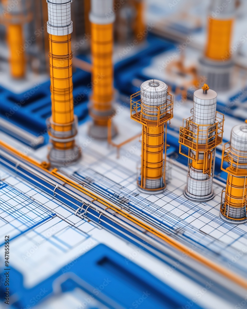 Schematic blueprint of an industrial plant with detailed structural ...