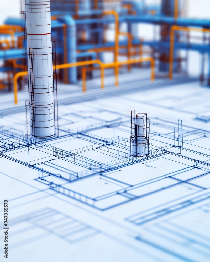 Schematic blueprint of an industrial plant with detailed structural ...