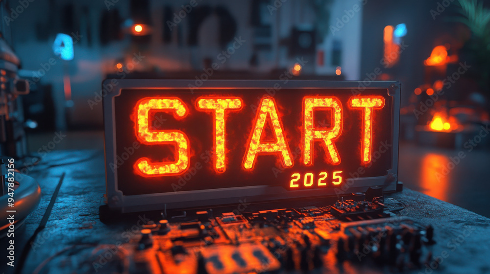 "START 2025" written in large letters on a five meter high billboard on ...