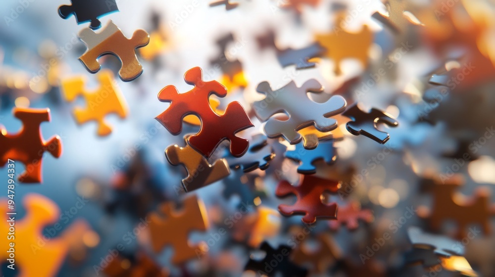 An abstract image of puzzle pieces floating in the air, gradually ...