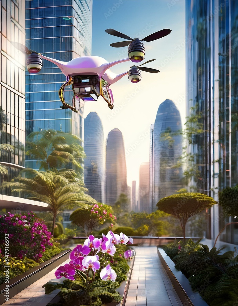 Envison a futuristic city where nature and futuristics building blend ...