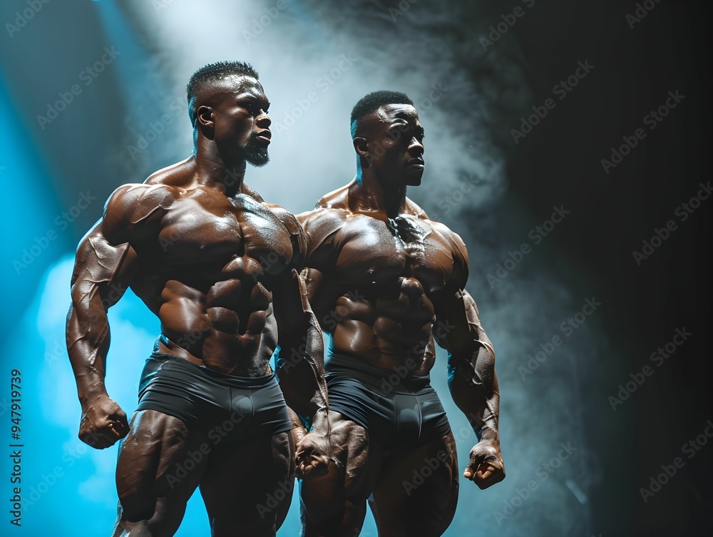 Bodybuilders pose in a competitive event showcasing muscular physique ...