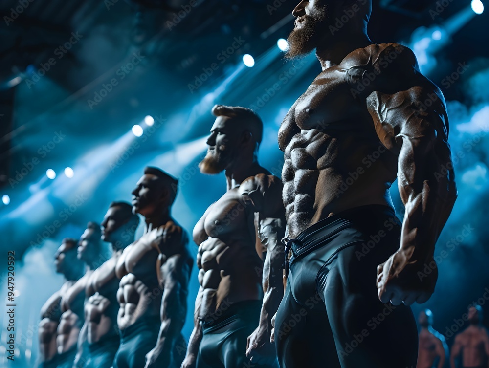 Bodybuilders compete on stage in a vibrant fitness championship under ...