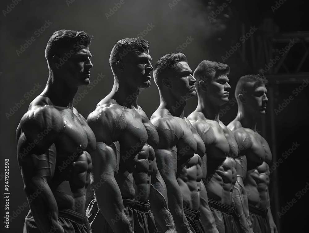 Bodybuilders posing on stage at a fitness competition, showcasing ...