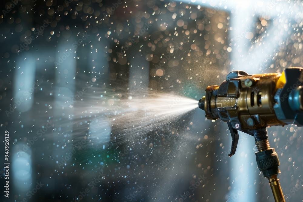 Professional spray gun is applying a fresh coat of paint, creating a ...