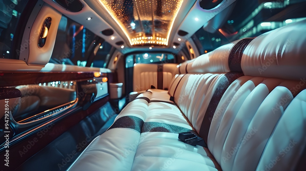 Luxurious and elegant long VIP limousine car interior, white deluxe ...