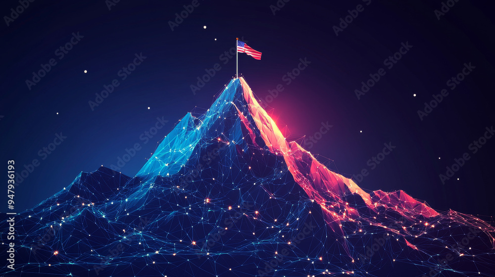 Abstract mountain with a flag and a path leading to the summit ...