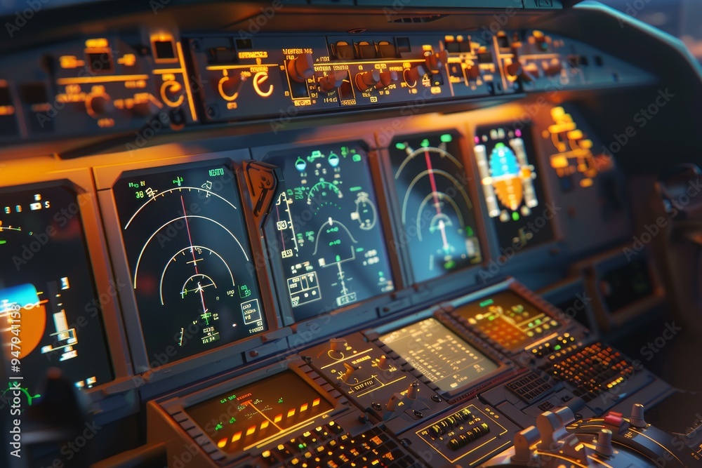 Airplane cockpit control panel showing flight data with illuminated ...