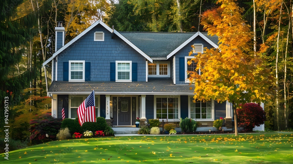 American Dream Home: A picturesque two-story house with a vibrant blue ...