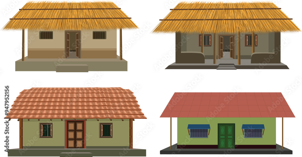 Vector house collection - Set of village hut designs in front view ...