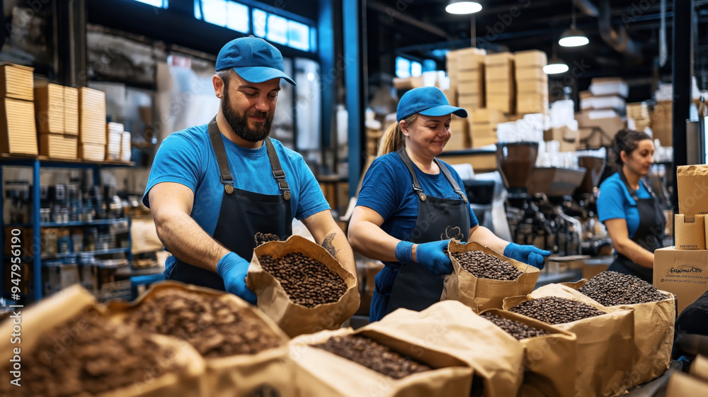 Workers in a factory or warehouse sorting and packaging coffee beans ...