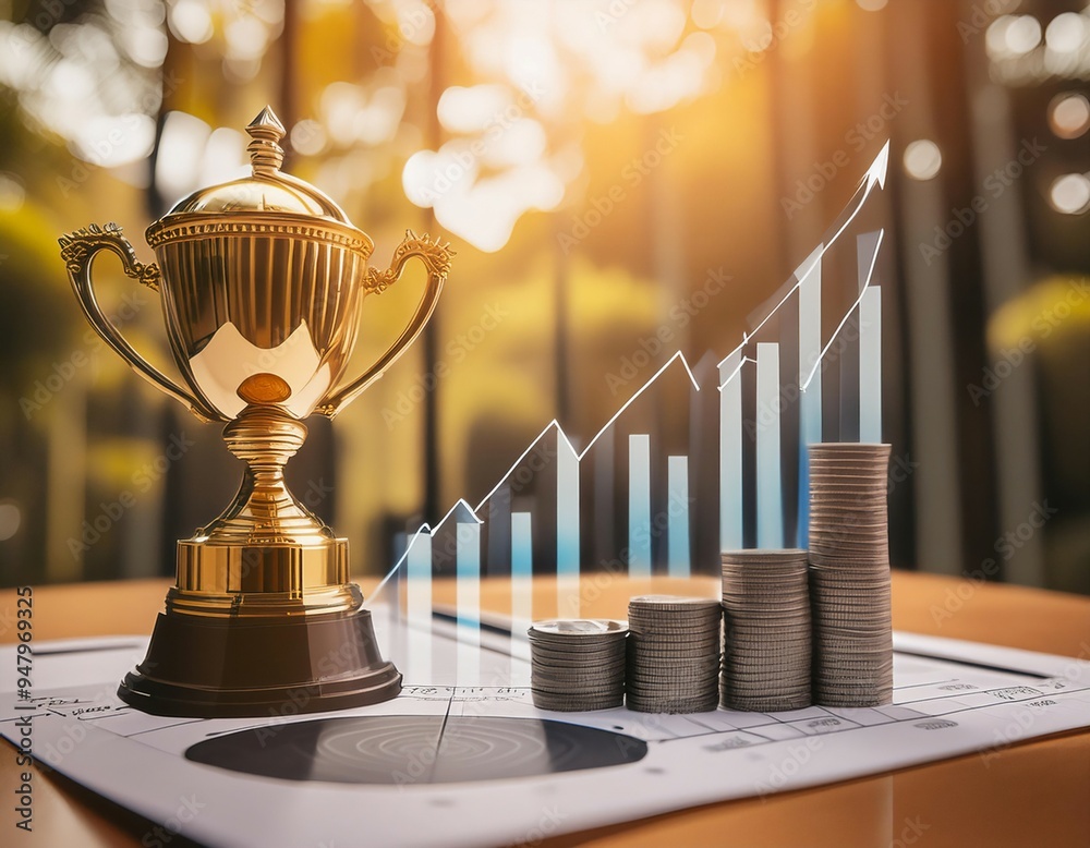 Achievement and success, featuring symbols like a rising graph, a ...