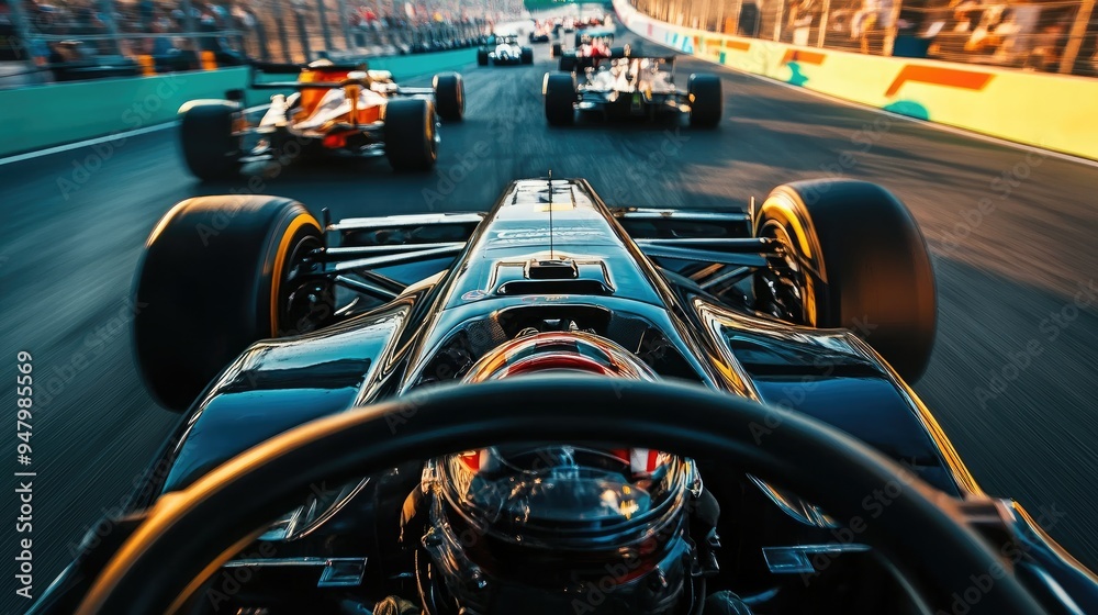 Formula 1 race cockpit view with cars in front of racer Stock ...