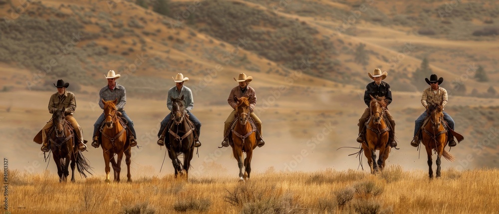Image of seven cowboys riding horses in desert, mountains in backdrop ...