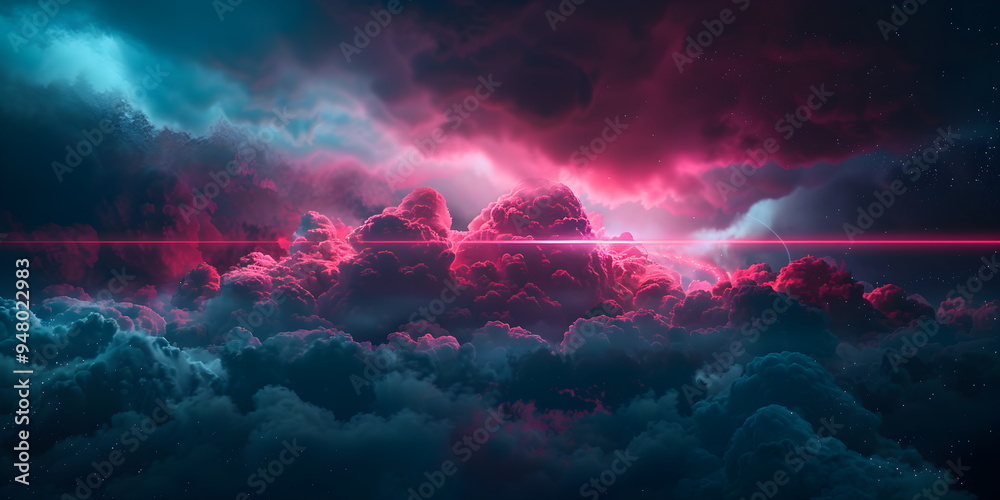 Neon glowing red light from laser sky with dark clouds. 3d rendering ...
